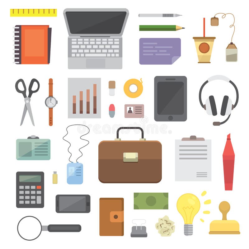 Office Personal and Business Icon Vector Briefcase, Document Flat ...