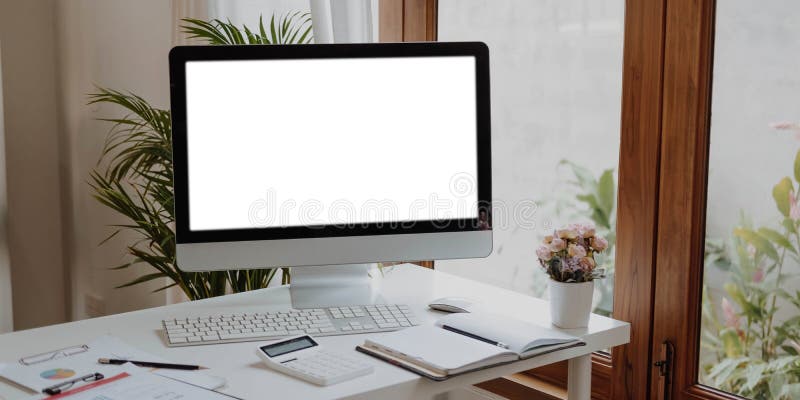 Workplace Mockup Concept. Mock Up Modern Home Decor Desktop Computer ...