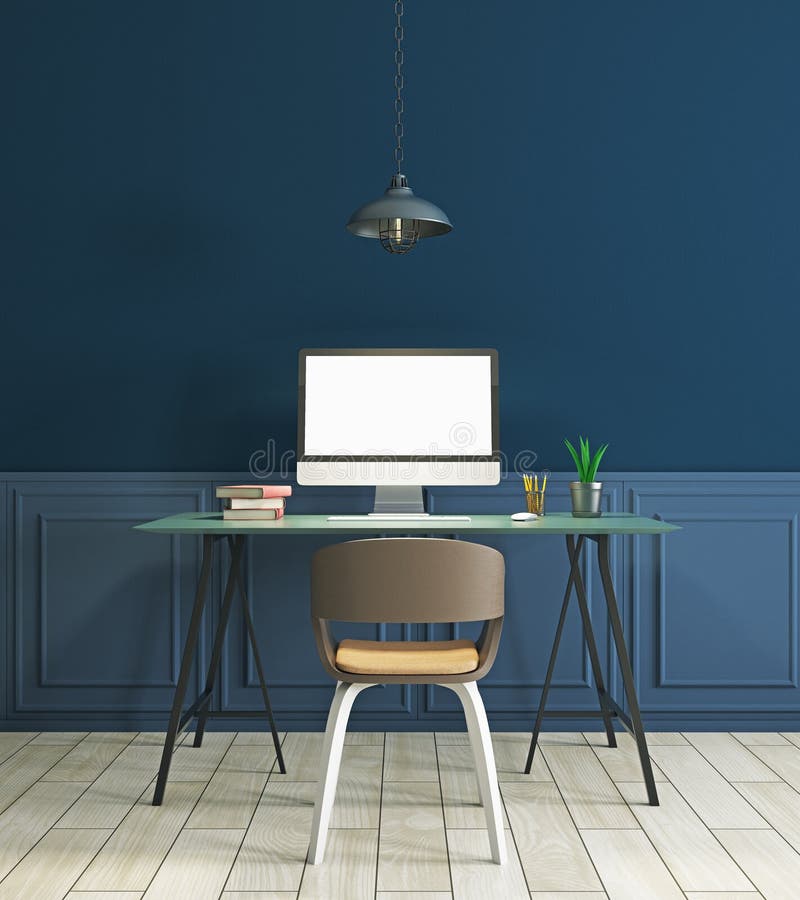 Workplace in Modern Blue Interior Stock Illustration - Illustration of ...