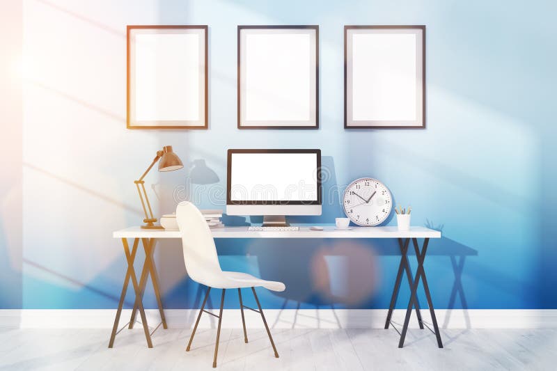 Workplace with Modern Computer and Posters Stock Illustration ...