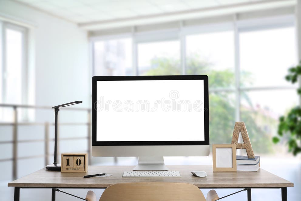 Workplace with Modern Computer on Wooden Table Indoors. Mockup for ...