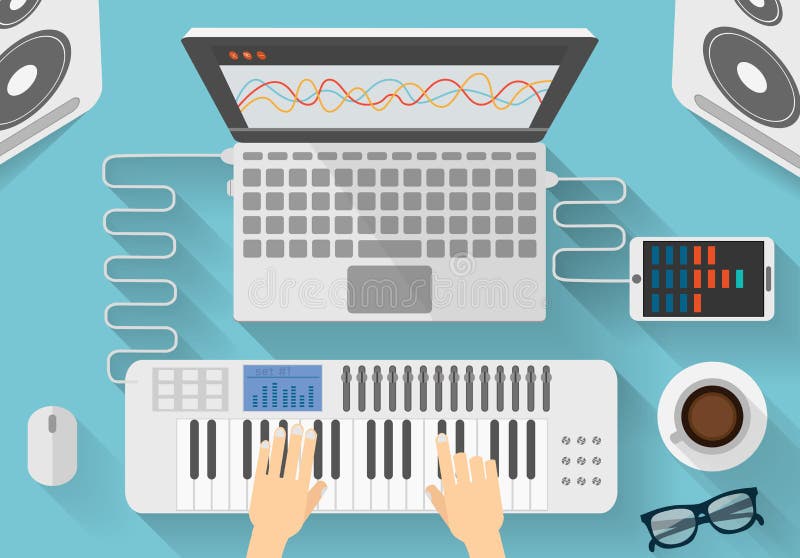 Workplace of Modern Music Artist. Flat Design Illustration of Dj ...