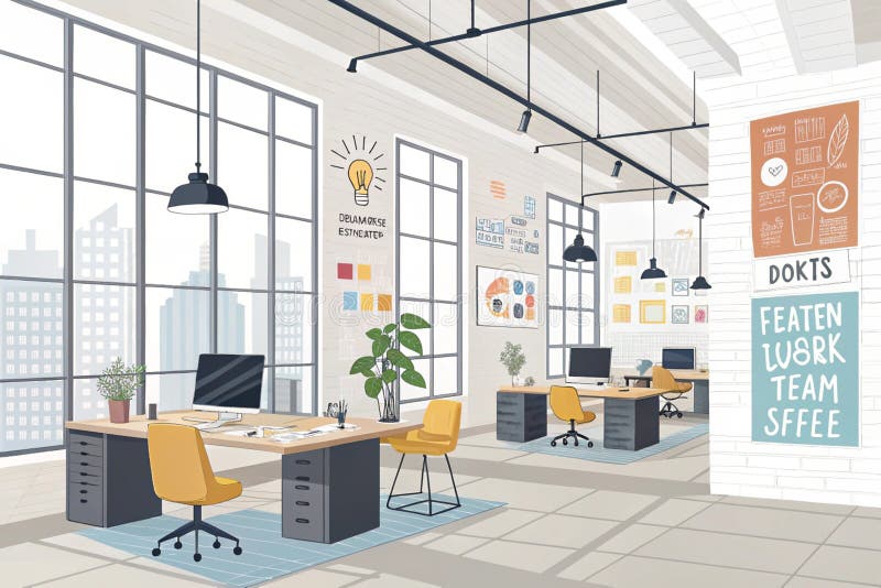 Workplace, Modern Office for Team Work, Flat Ilustration Design ...