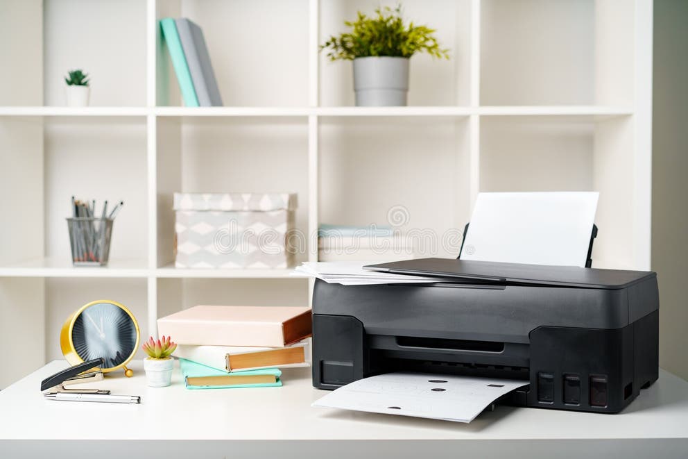 Workplace with Modern Printer and Clock in the Office Stock Image ...