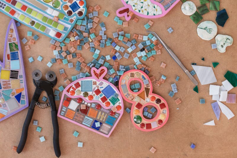 Workplace of Mosaic Maker: Material and Tools on Wooden Table Stock ...