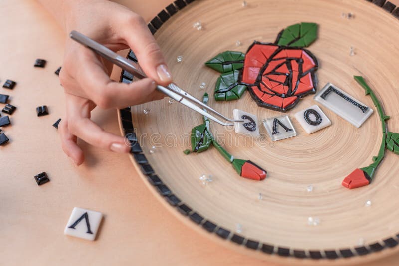 Workplace of a Mosaic Master: Female Hands Laying Out a Mosaic Element ...