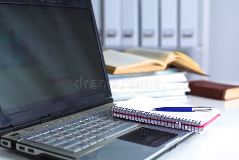 Workplace with Notebook Laptop Comfortable Work Table in Office Windows ...