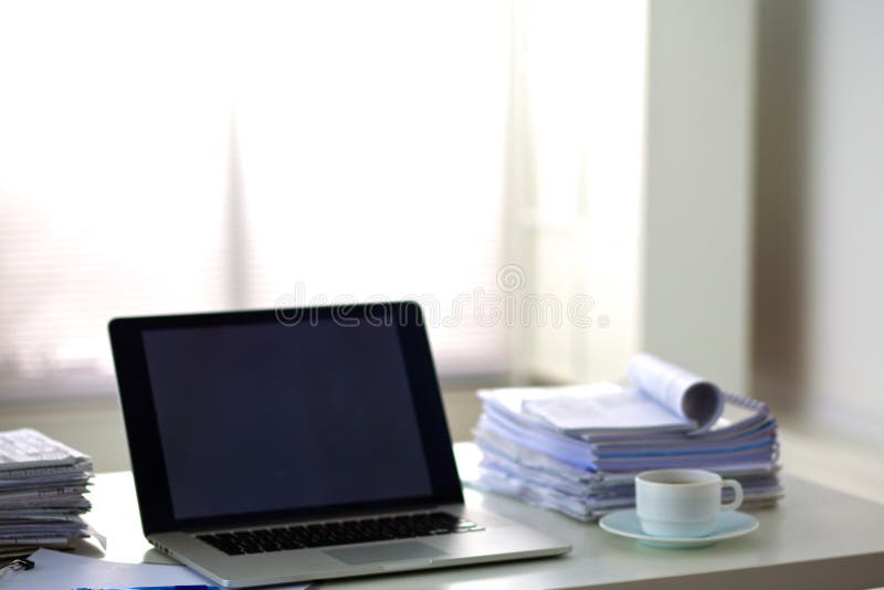 Workplace with Notebook Laptop Comfortable Work Table in Office Windows ...