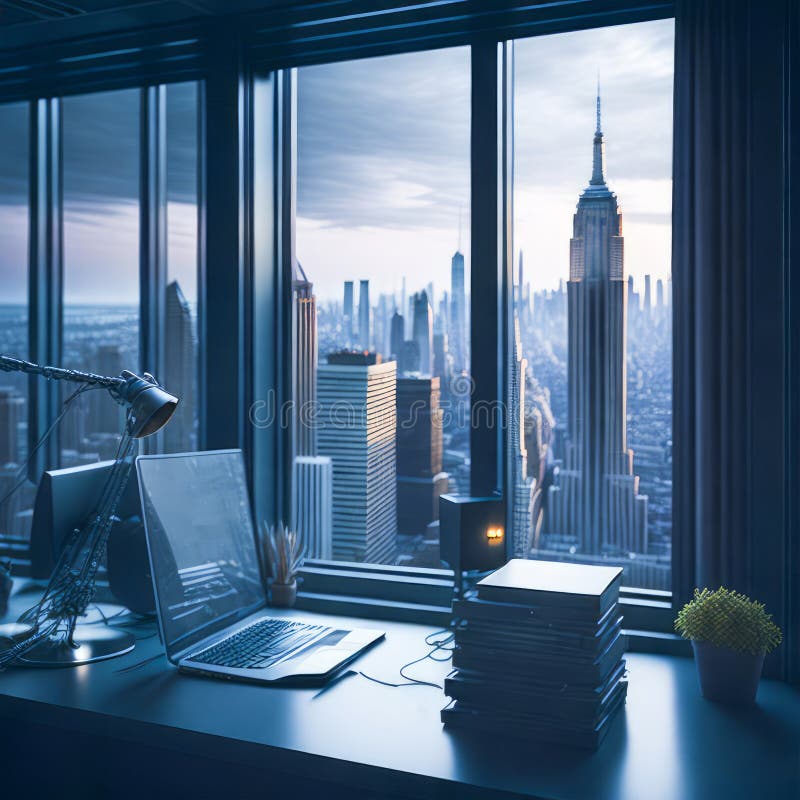 Workplace with Notebook Laptop Comfortable Work Table in Office Windows ...