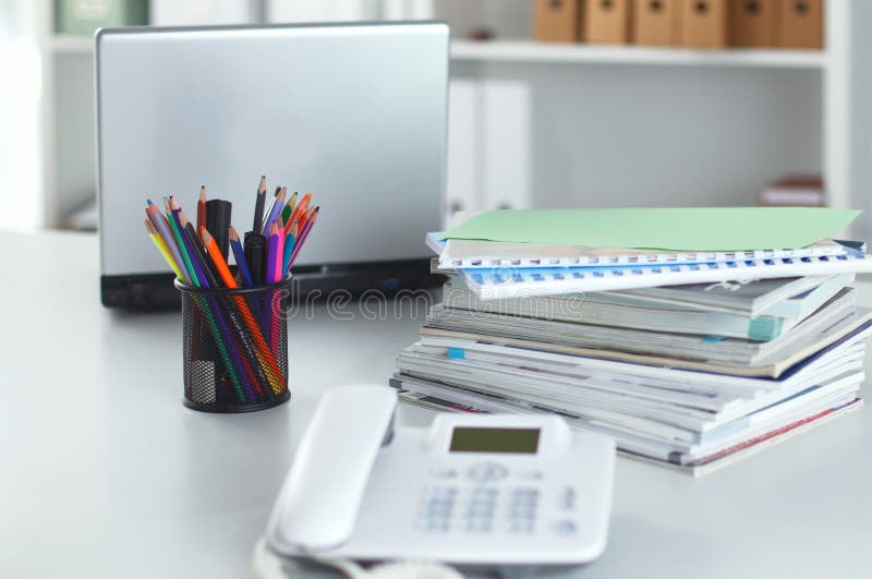 Workplace with Notebook Laptop Comfortable Work Table in Office Windows ...
