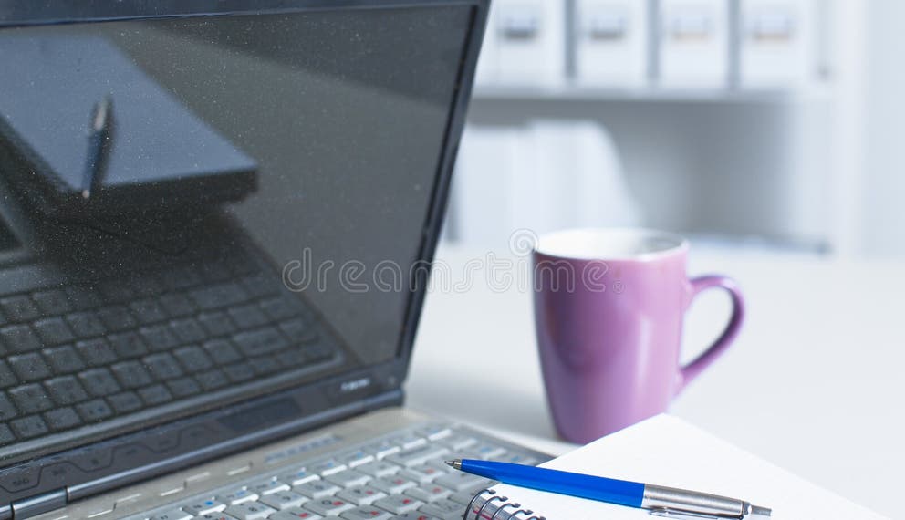 Workplace with Notebook Laptop Comfortable Work Table in Office Windows ...