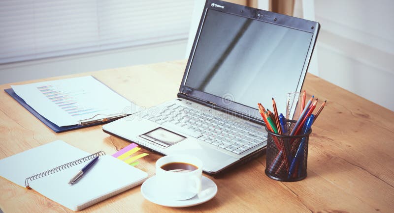 Workplace with Notebook Laptop Comfortable Work Table in Office Windows ...
