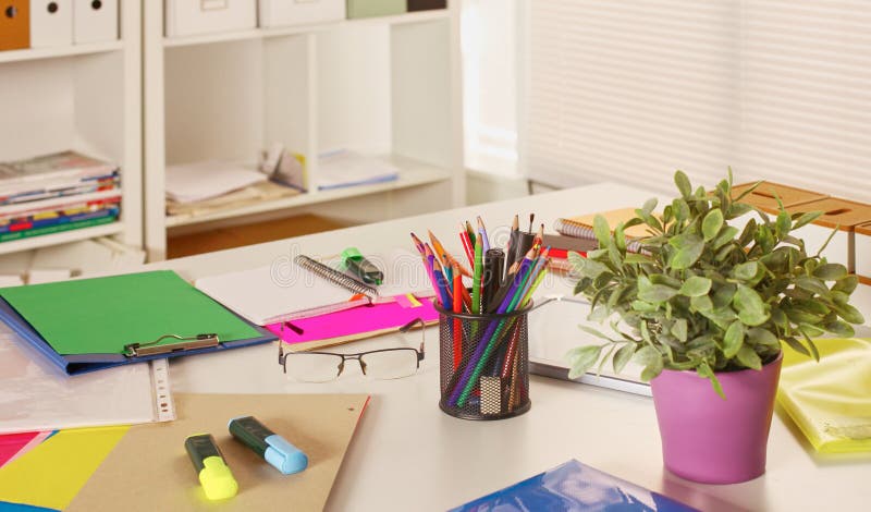 Workplace with Notebook Laptop Comfortable Work Table in Office Windows ...