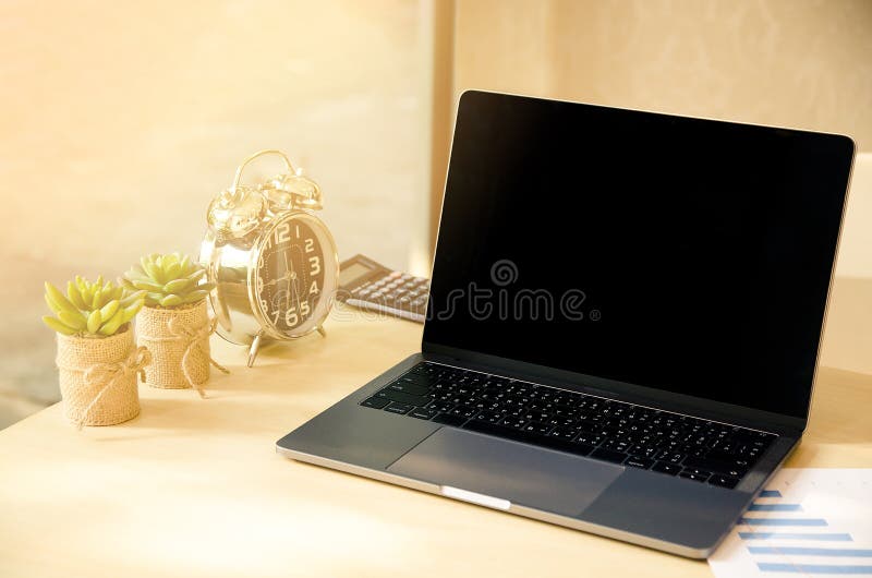 Workplace with Notebook Laptop Comfortable Work Table in Office Windows ...