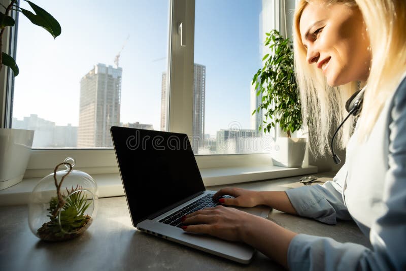 Workplace with Notebook Laptop Comfortable Work Table in Office with ...