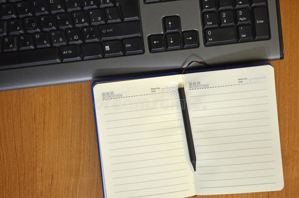 Workplace with Notepad - Diary, Pencil and Keyboard Stock Image - Image ...