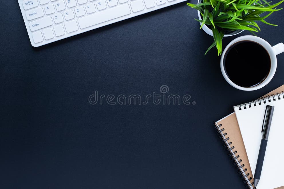 Workplace in Office with Black Desk. Top View from Above of Keyboard ...