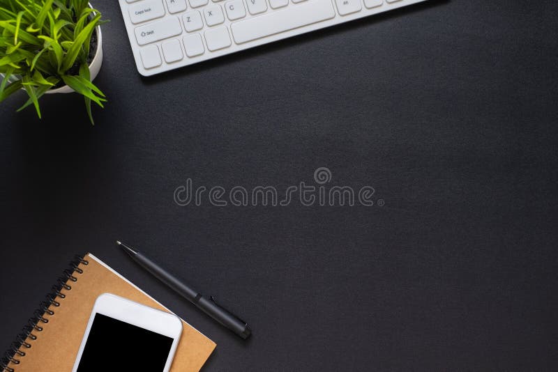 Workplace in Office with Black Desk. Top View from Above of Keyboard ...