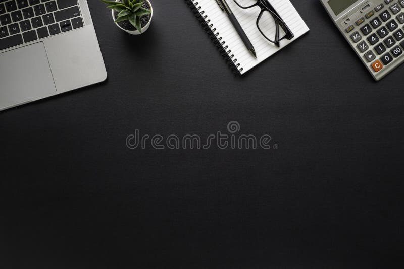 Workplace in Office with Black Desk. Top View from Above of Laptop with ...