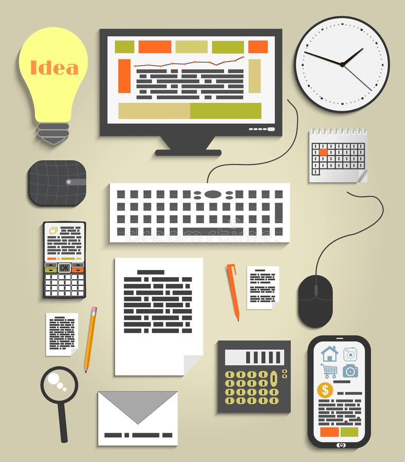 Workplace Office and Business Work Elements Set Stock Illustration ...