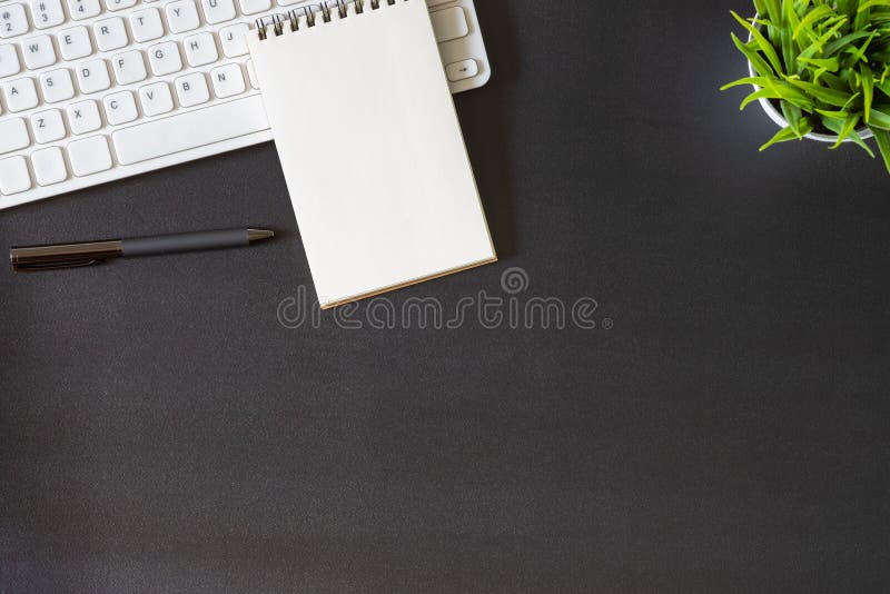 Workplace in Office with Dark Black Desk. Top View from Above of ...