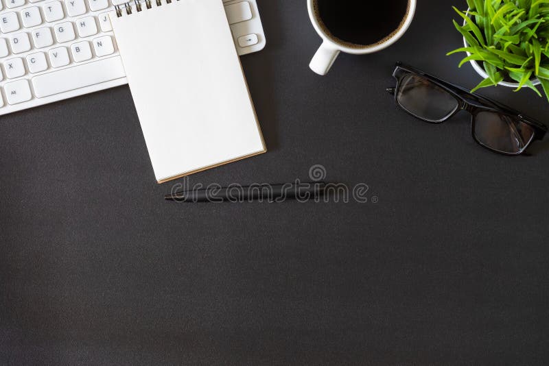 Workplace Office with Dark Black Desk. Top View from Above of Keyboard ...