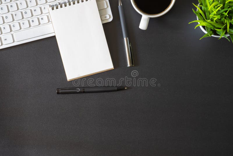 Workplace Office with Dark Black Desk. Top View from Above of Keyboard ...