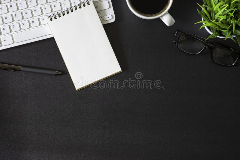 Workplace Office with Dark Black Desk. Top View from Above of Keyboard ...