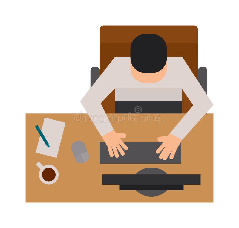 Workplace Office with Man Top View Flat Vector Illustration. Stock ...