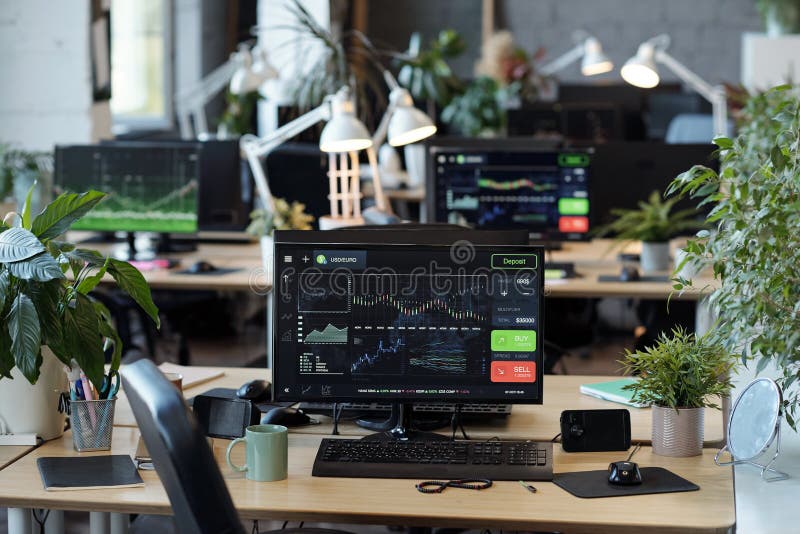 Workplace of Office Manager or Analyst with Computer Monitor on Desk ...