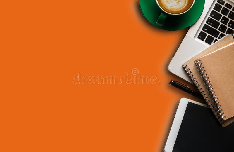 Workplace in Office with Orange Desk. Top View from Above of Keyboard ...