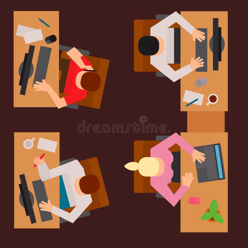 Workplace Office Tables Vector Business People Team Work Process Office ...