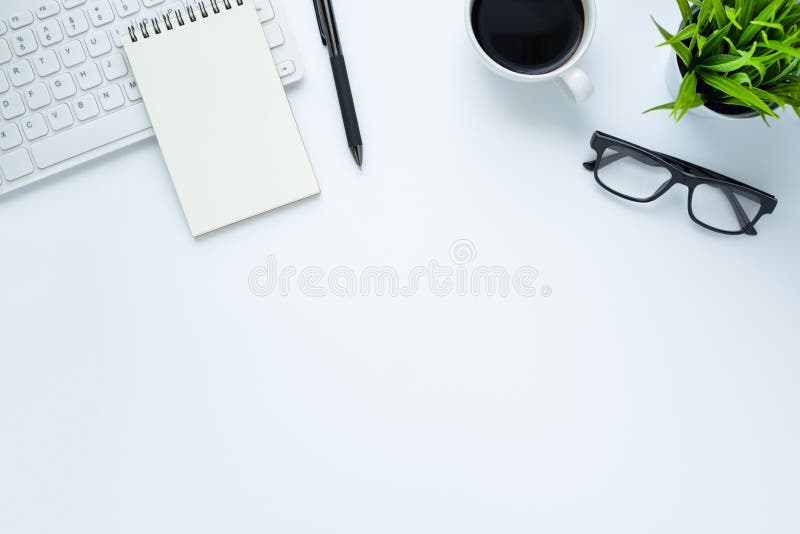 Workplace in Office with White Desk. Top View from Above of Keyboard ...
