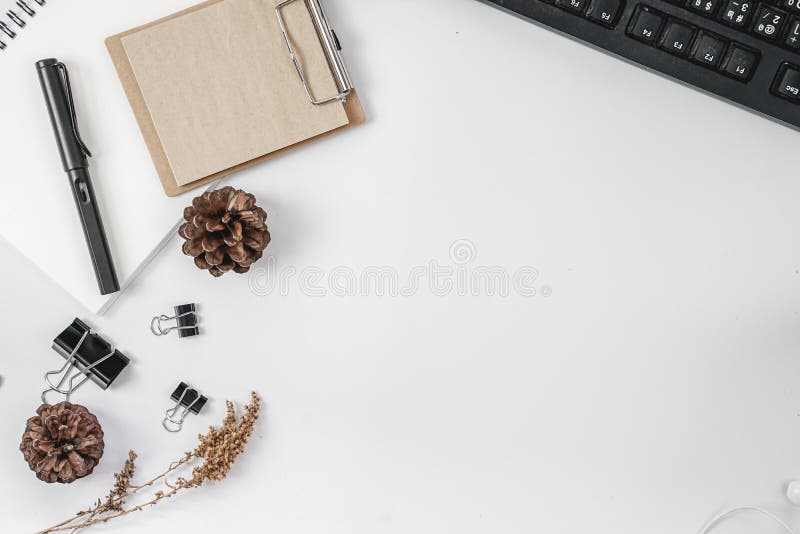 Workplace in Office with White Desk. Top View from Above of Keyboard ...