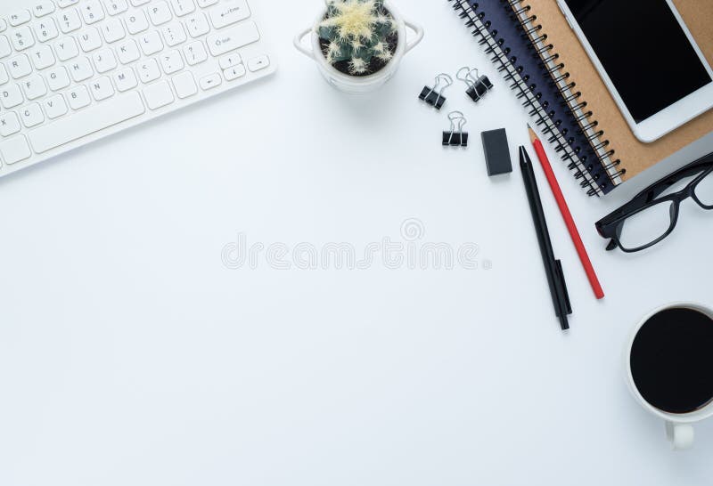 Workplace in Office with White Desk. Top View from Above of Keyboard ...