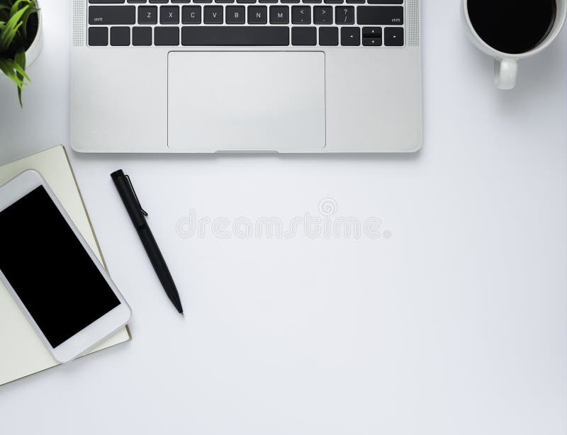 Workplace in Office with White Desk. Top View from Above of Laptop with ...