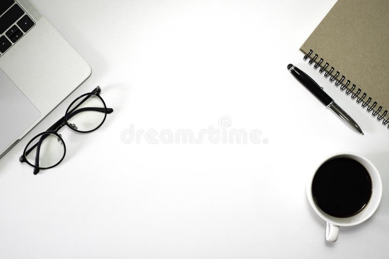 Workplace in Office with White Desk. Top View from Above of Laptop with ...