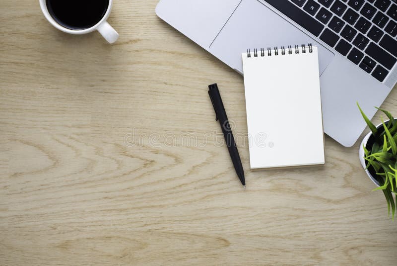 Workplace in Office with Wood Desk. Top View from Above of Keyboard ...