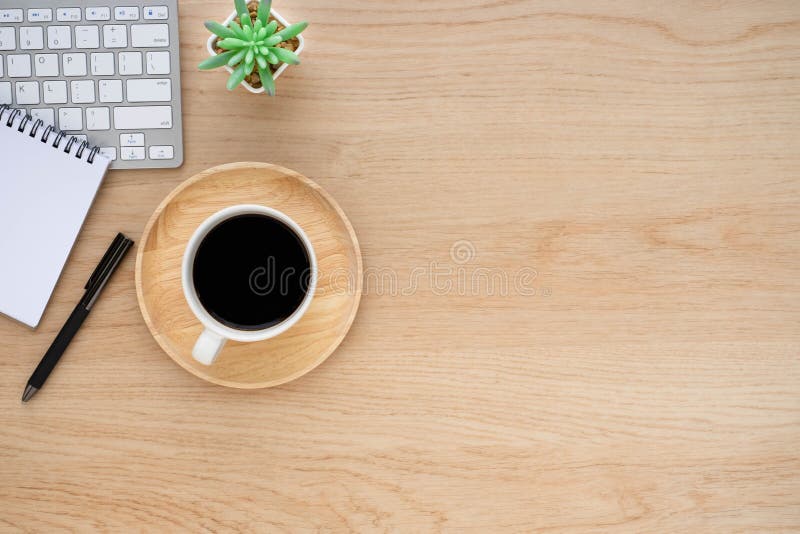 Workplace in Office with Wooden Desk. Top View Above of Keyboard ...