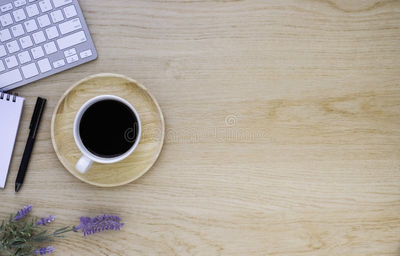 Workplace in Office with Wooden Desk. Top View Above of Keyboard ...