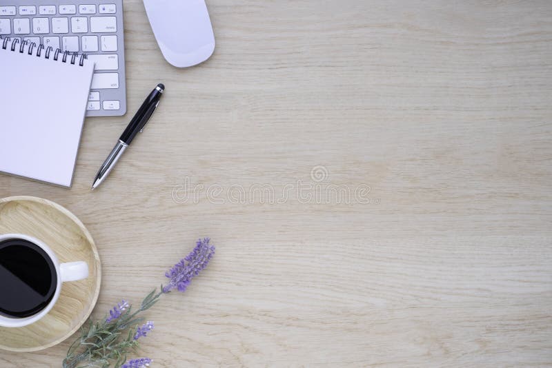 Workplace in Office with Wooden Desk. Top View Above of Keyboard ...