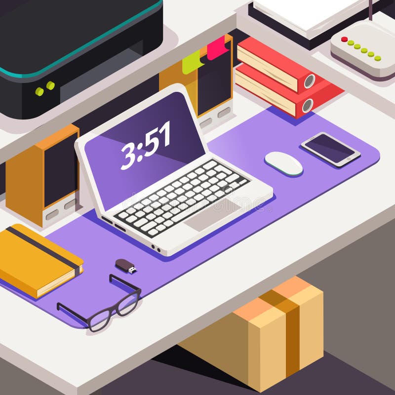 Workplace Office Work Objects on Table Isometric Concept of Workspace ...