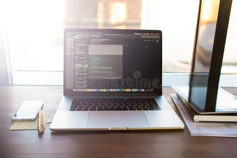 Workplace with Open Pc Laptop Computer with Web Site and Programs on ...