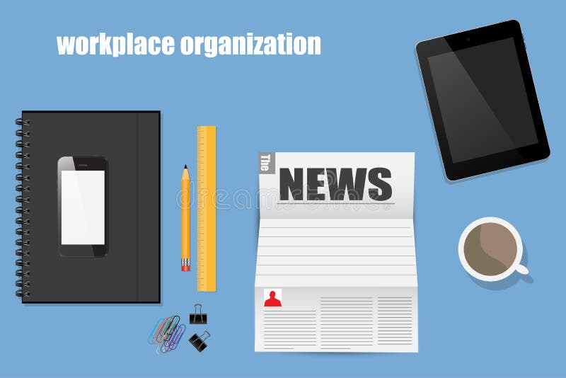 Workplace Organization in Flat Style Blue Background Stock Vector ...