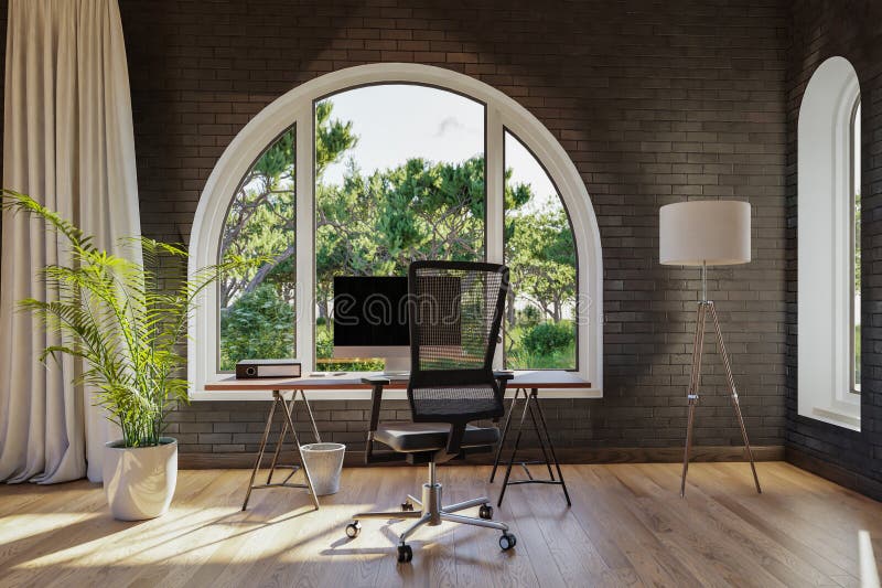 Workplace with Pc Workstation in Front of Large Arched Windows ...