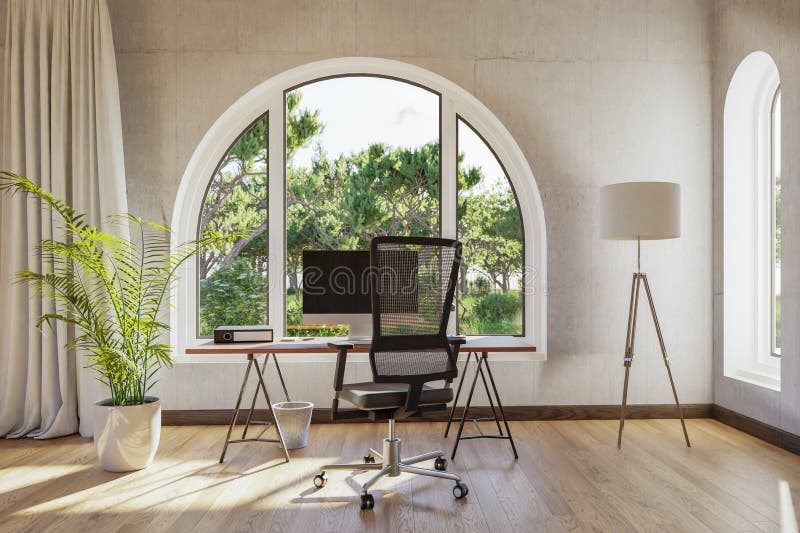 Workplace with Pc Workstation in Front of Large Arched Windows ...