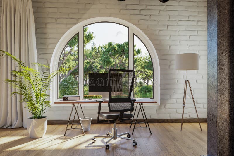 Workplace with Pc Workstation in Front of Large Arched Windows ...