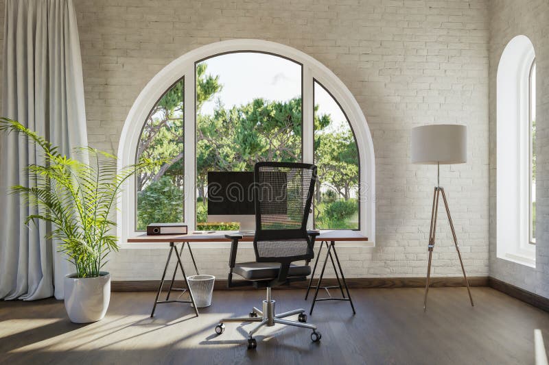 Workplace with Pc Workstation in Front of Large Arched Windows ...
