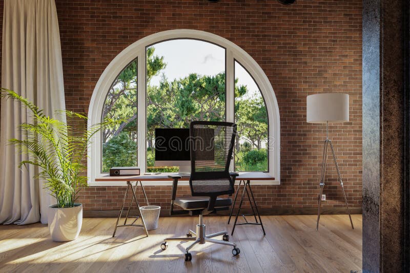 Workplace with Pc Workstation in Front of Large Arched Windows ...