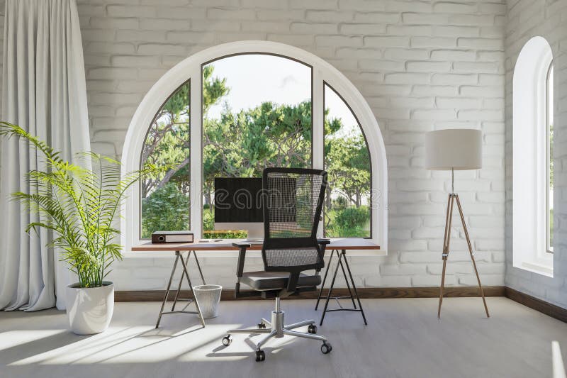 Workplace with Pc Workstation in Front of Large Arched Windows ...
